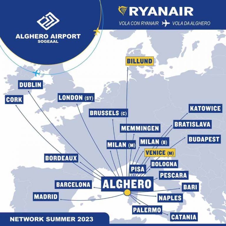 Dove vola Ryanair da Alghero nell'estate 2023, scopri tutte le 22 rotte!